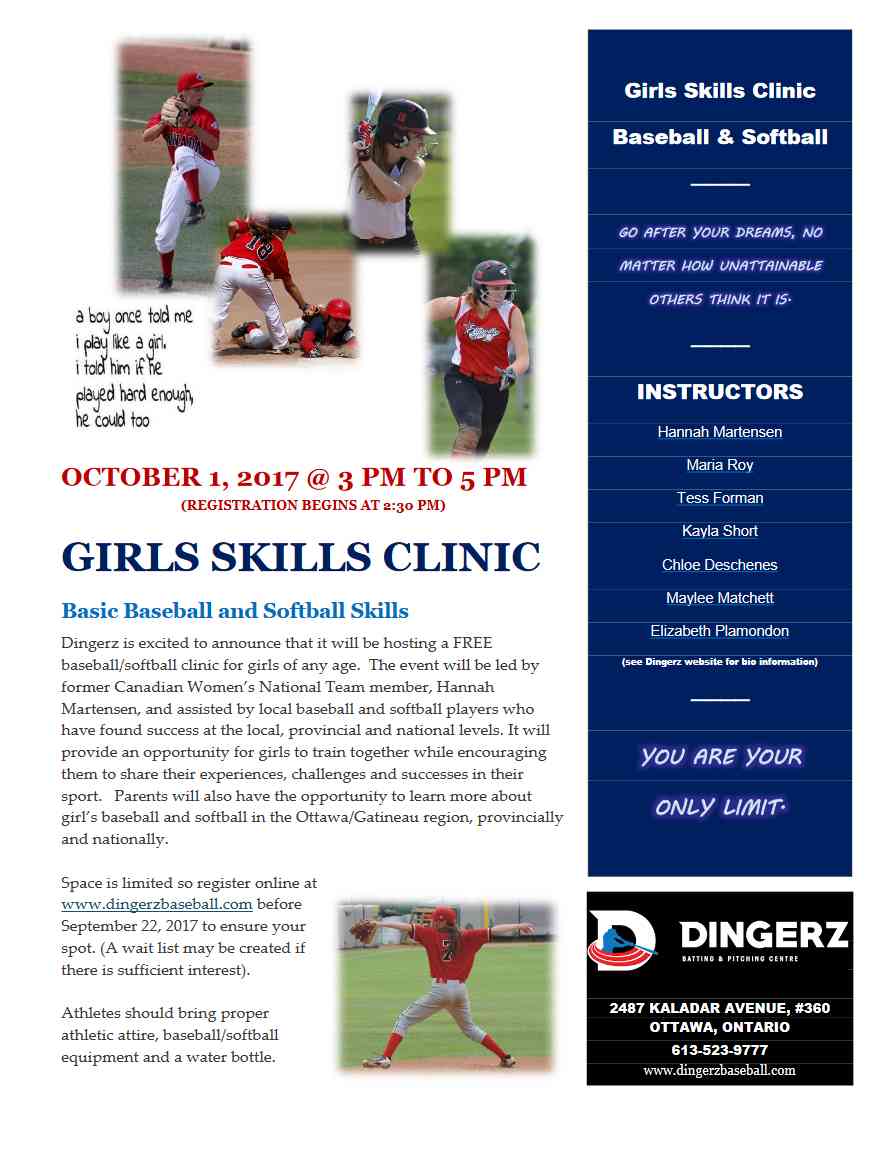 Dingerz Hosting a FREE baseball/softball clinic for girls - Bytown ...